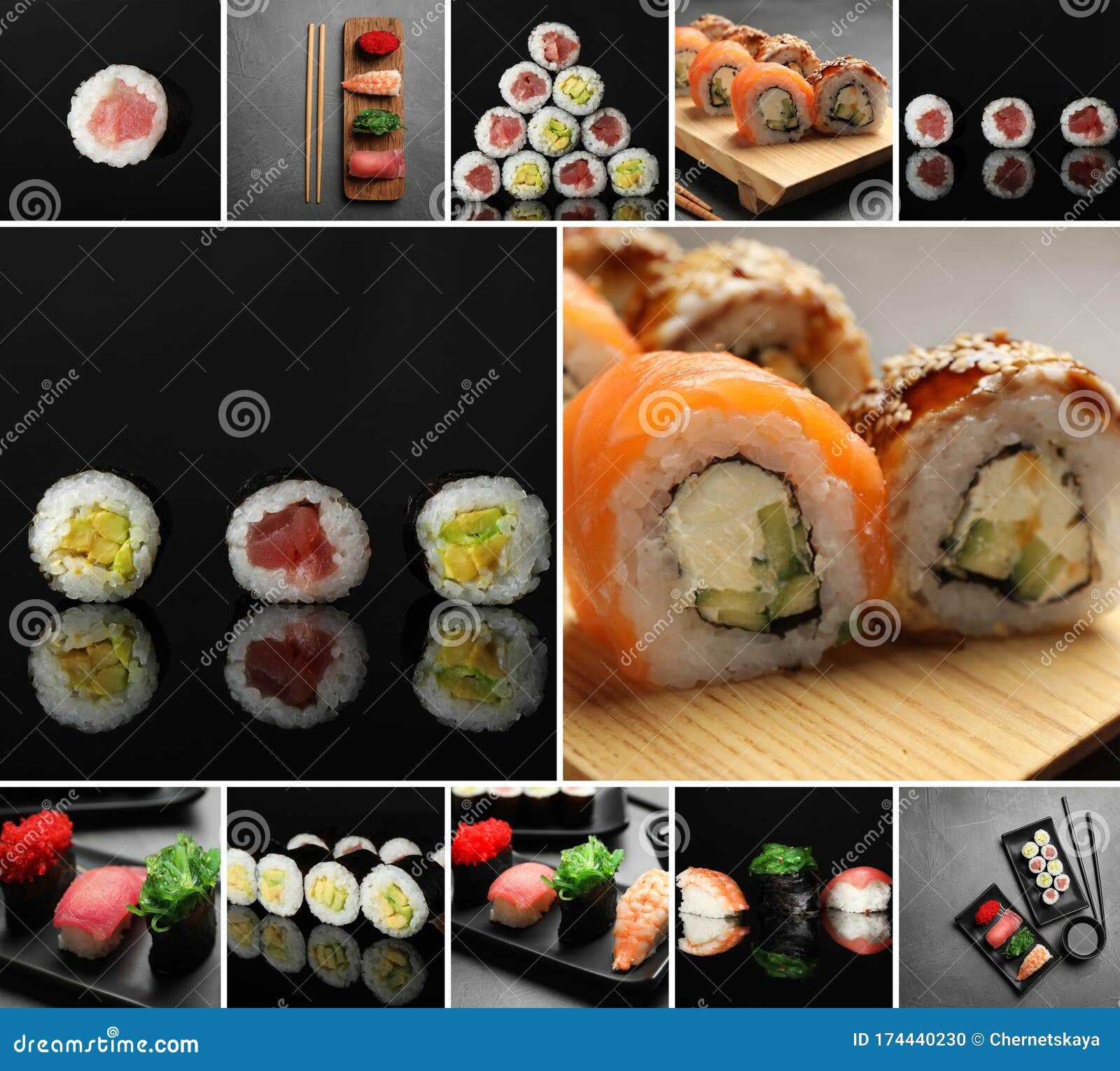 Collage with Photos of Sushi and Rolls Stock Photo - Image of culinary ...
