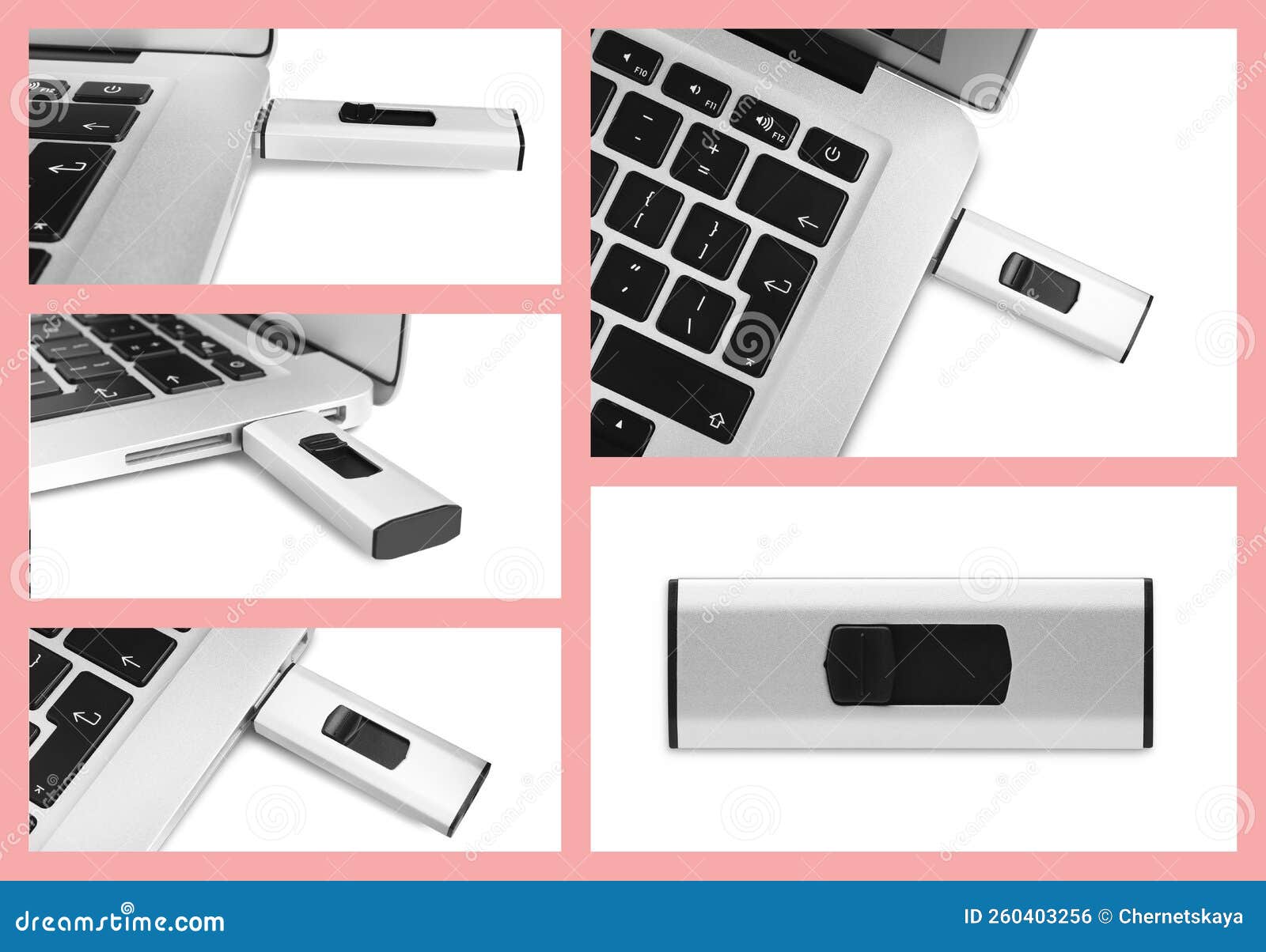 Collage with Photos of Laptops and Usb Flash Drives on White Background ...