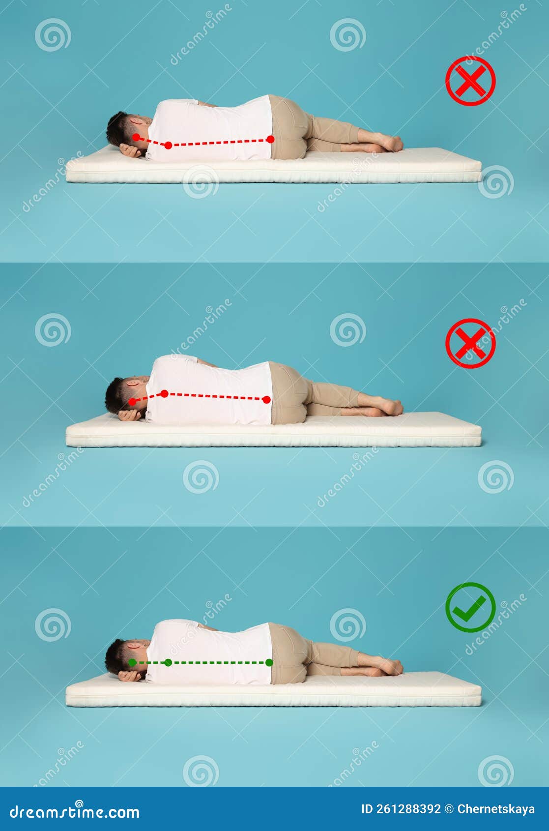 Collage with Photos of Man Lying on Mattress. Wrong and Correct ...