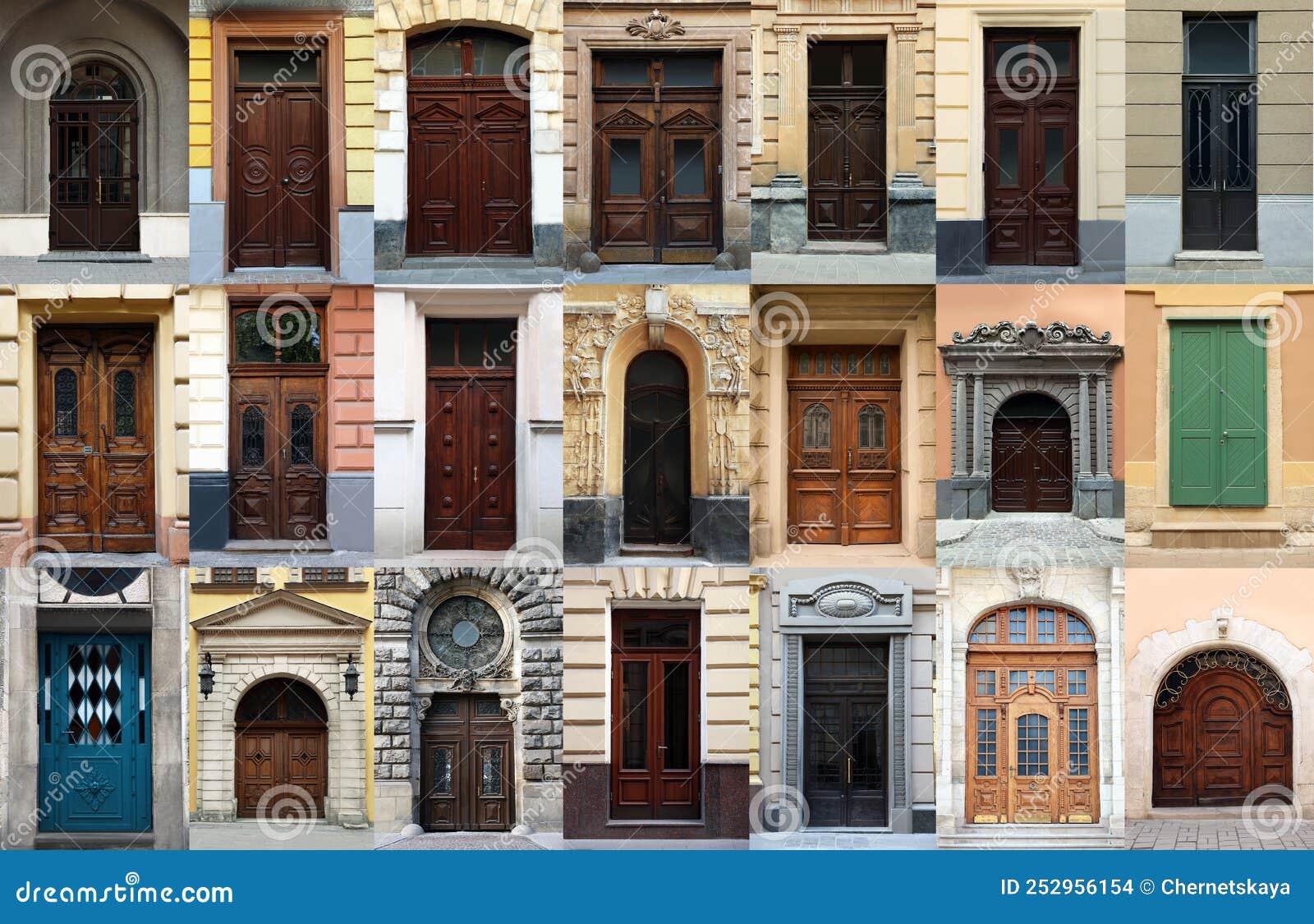 Collage With Photos Of Old Buildings With Elegant Wooden Front Doors ...