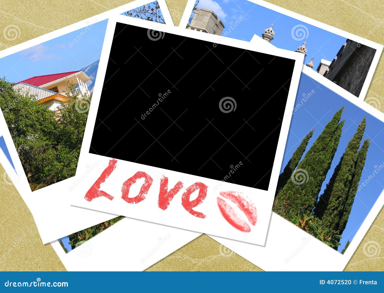 Collage - the Photos Scattered on Sand Stock Photo - Image of five ...