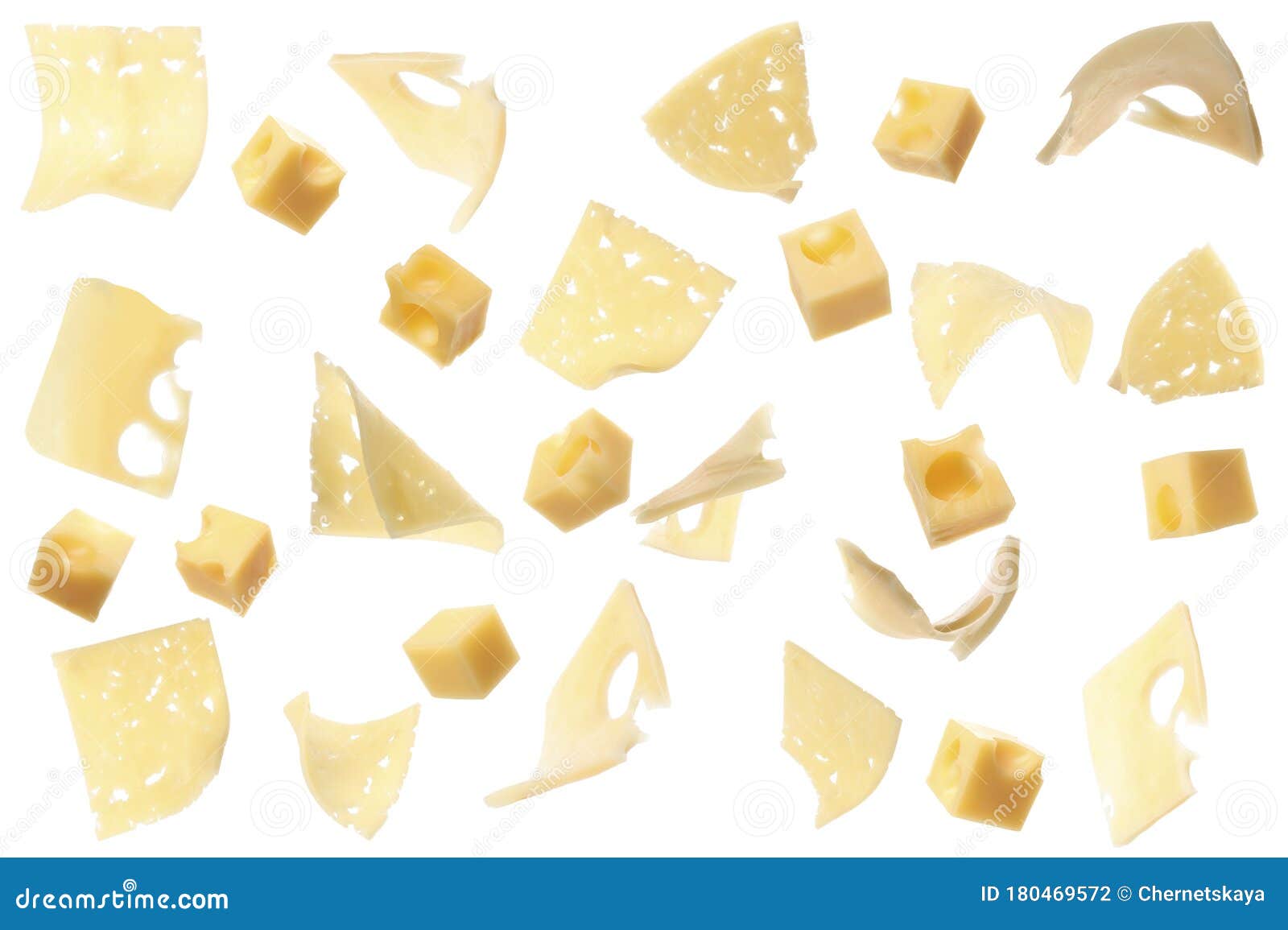 Collage with Pieces of Cheese Falling on Background Stock Photo - Image ...