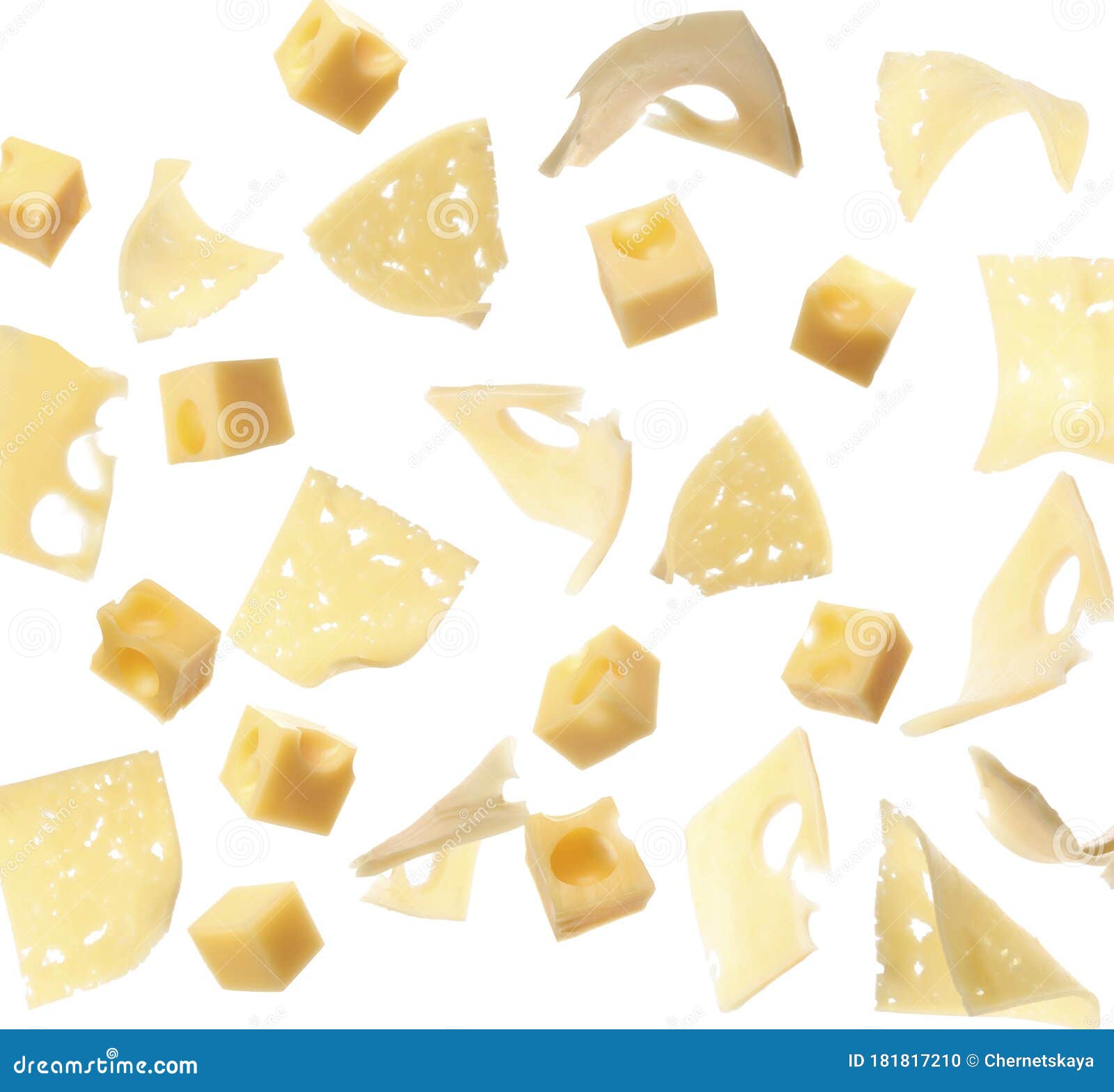 Collage with Pieces of Cheese Falling on Background Stock Photo - Image ...