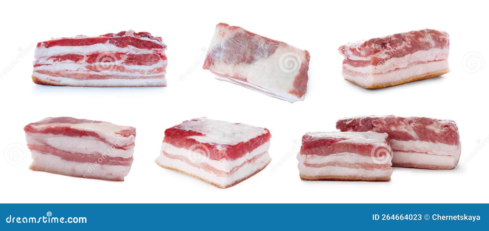 Collage with Pieces of Pork Fatback Isolated on White, Banner Design ...