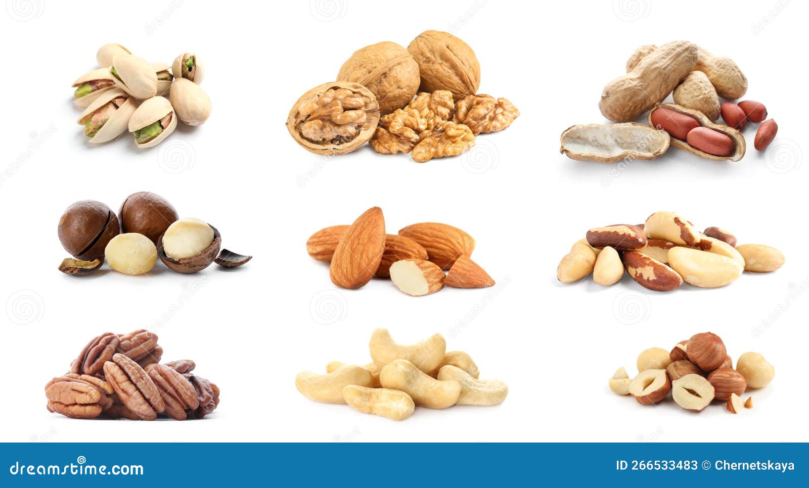 Collage with Piles of Different Nuts on White Background. Source of ...