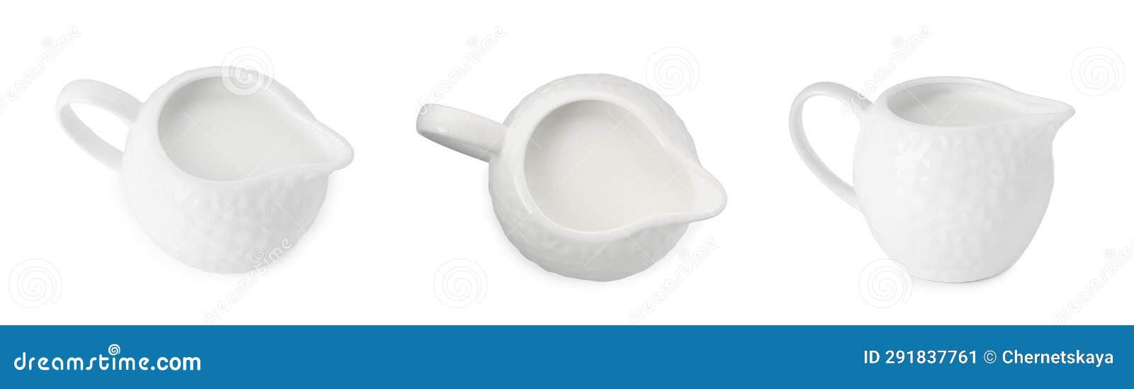 Collage with Pitcher of Milk Isolated on White, Different Angles Stock ...