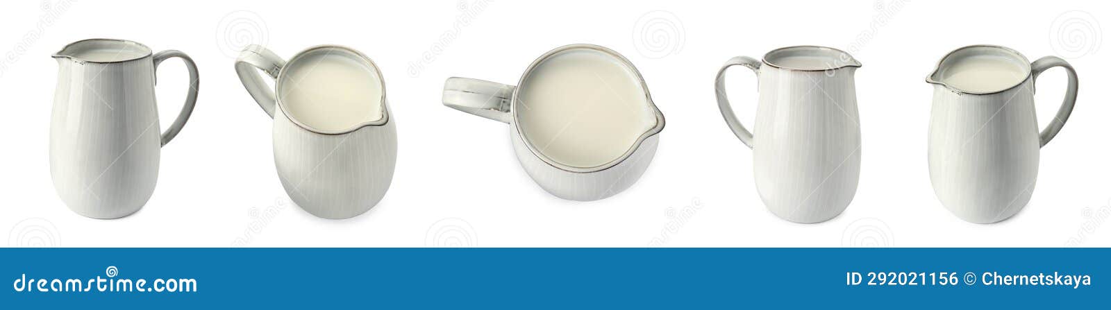 Collage with Pitcher of Milk Isolated on White, Different Angles Stock ...