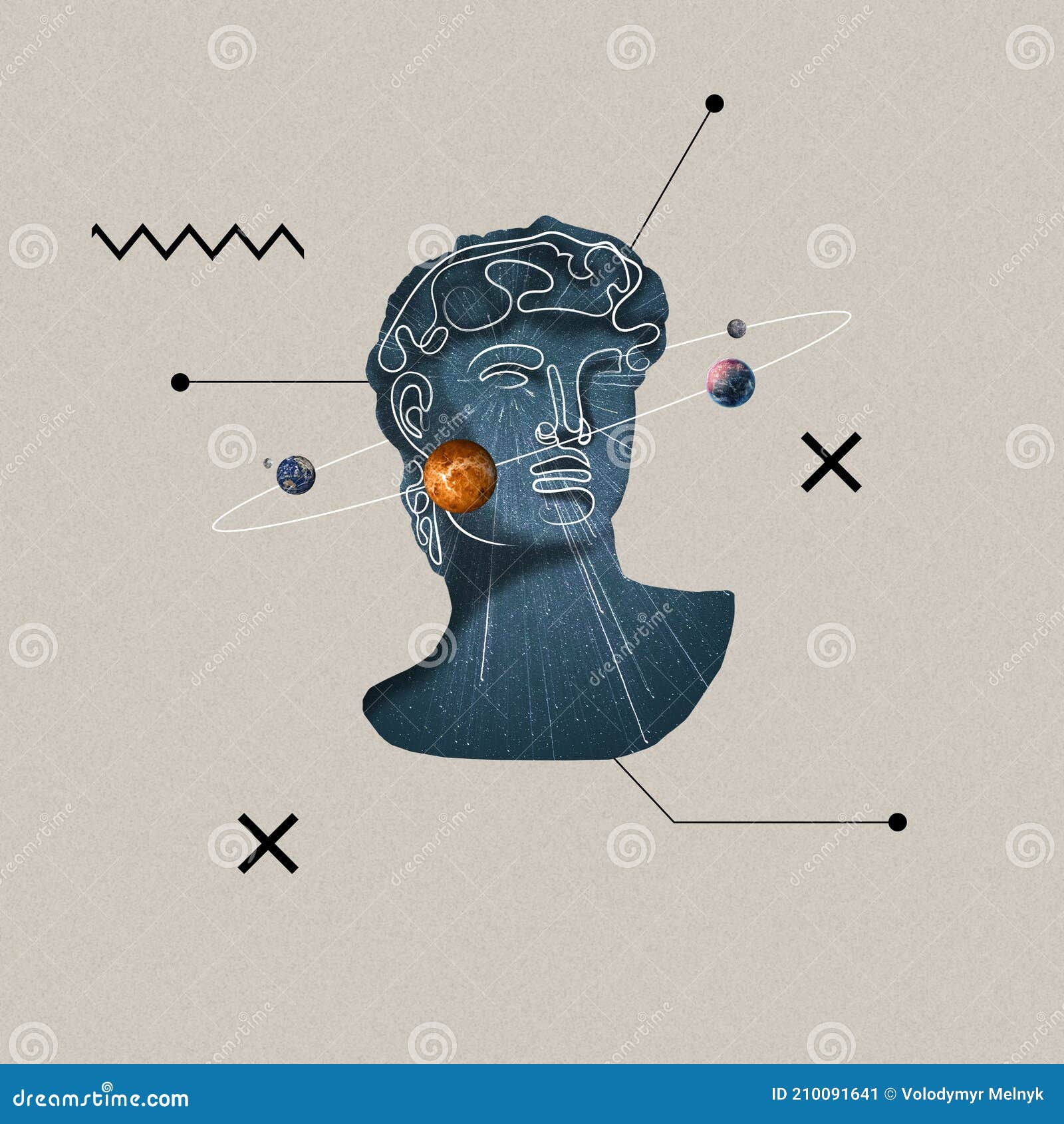 Collage with Plaster Head Model, Statue with Cosmos Theme and Planets ...