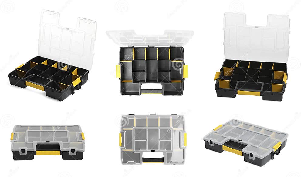 Collage of Plastic Box for Tools on White Background, Different Sides ...