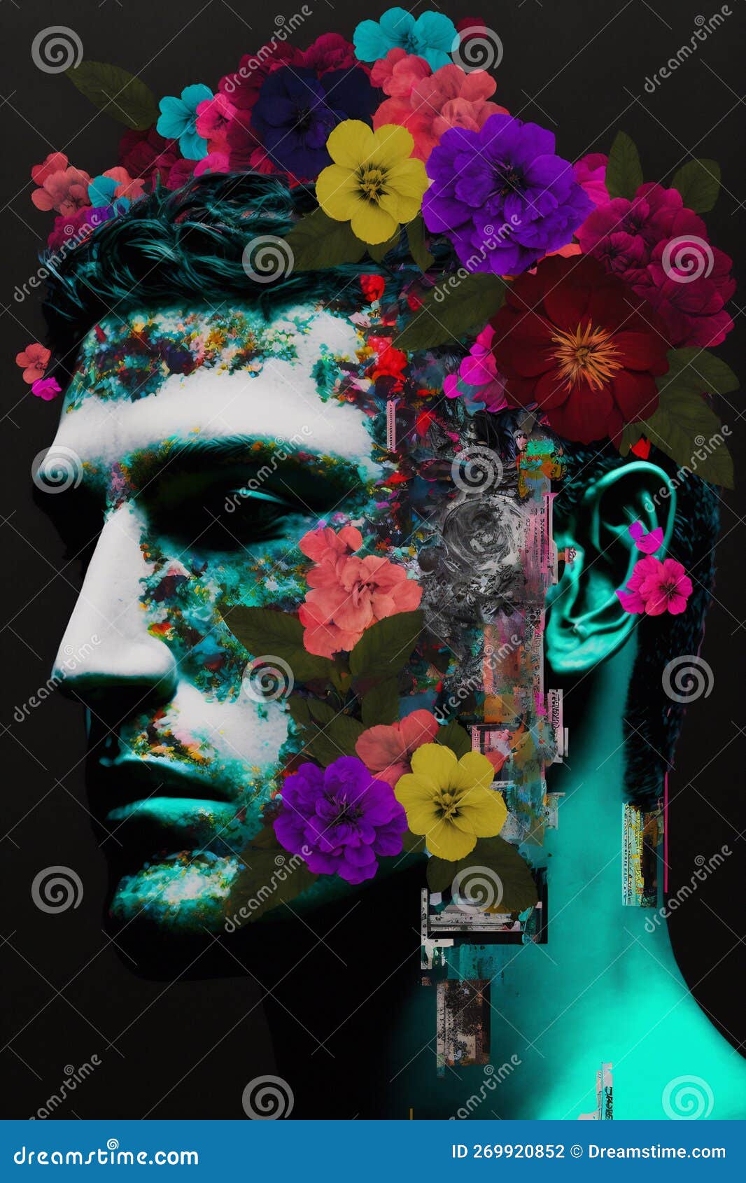 Collage Portrait Handsome Man with Flower Decorations in Tech Digital ...