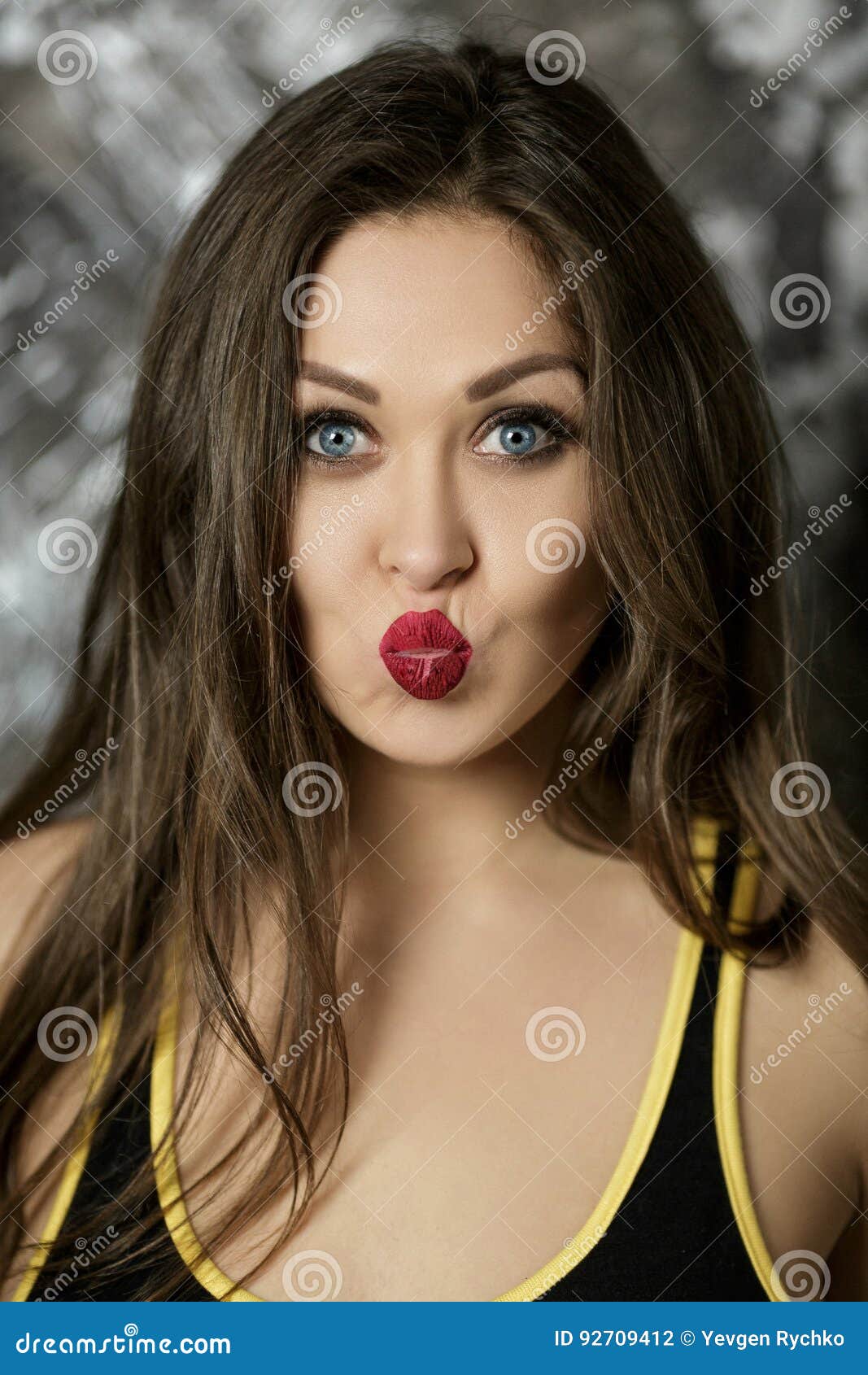 Collage Of Portraits Of Different Emotions Women Brunette On Dark