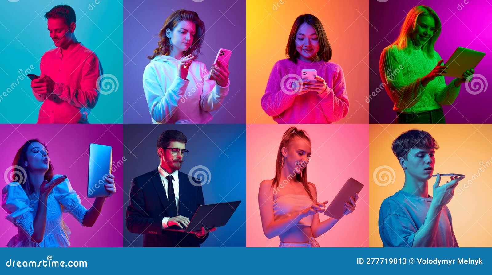 Collage. Portraits of Different Young People Using Various Gadgets for ...