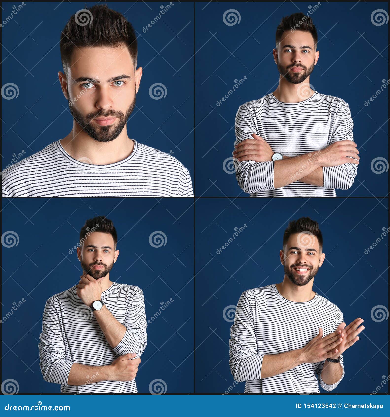Collage with Portraits of Handsome Man on Blue Stock Photo - Image of ...