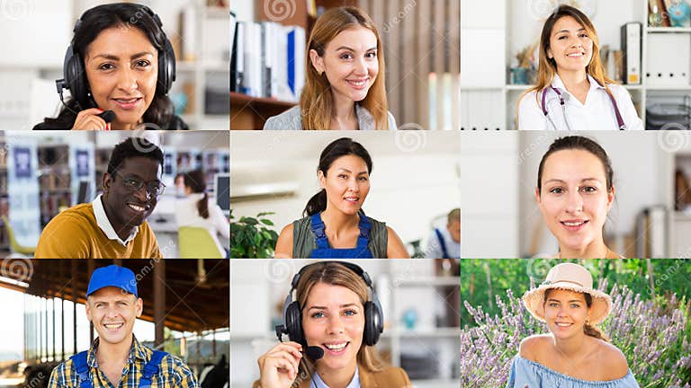Collage Of Portraits Of Mixed Age Group Of Focused Business