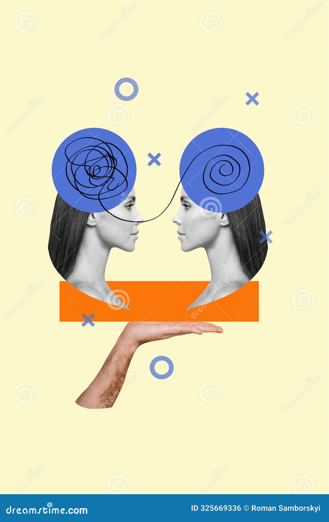Collage Poster Artwork of Two Women Faces Solving Problem Puzzle ...