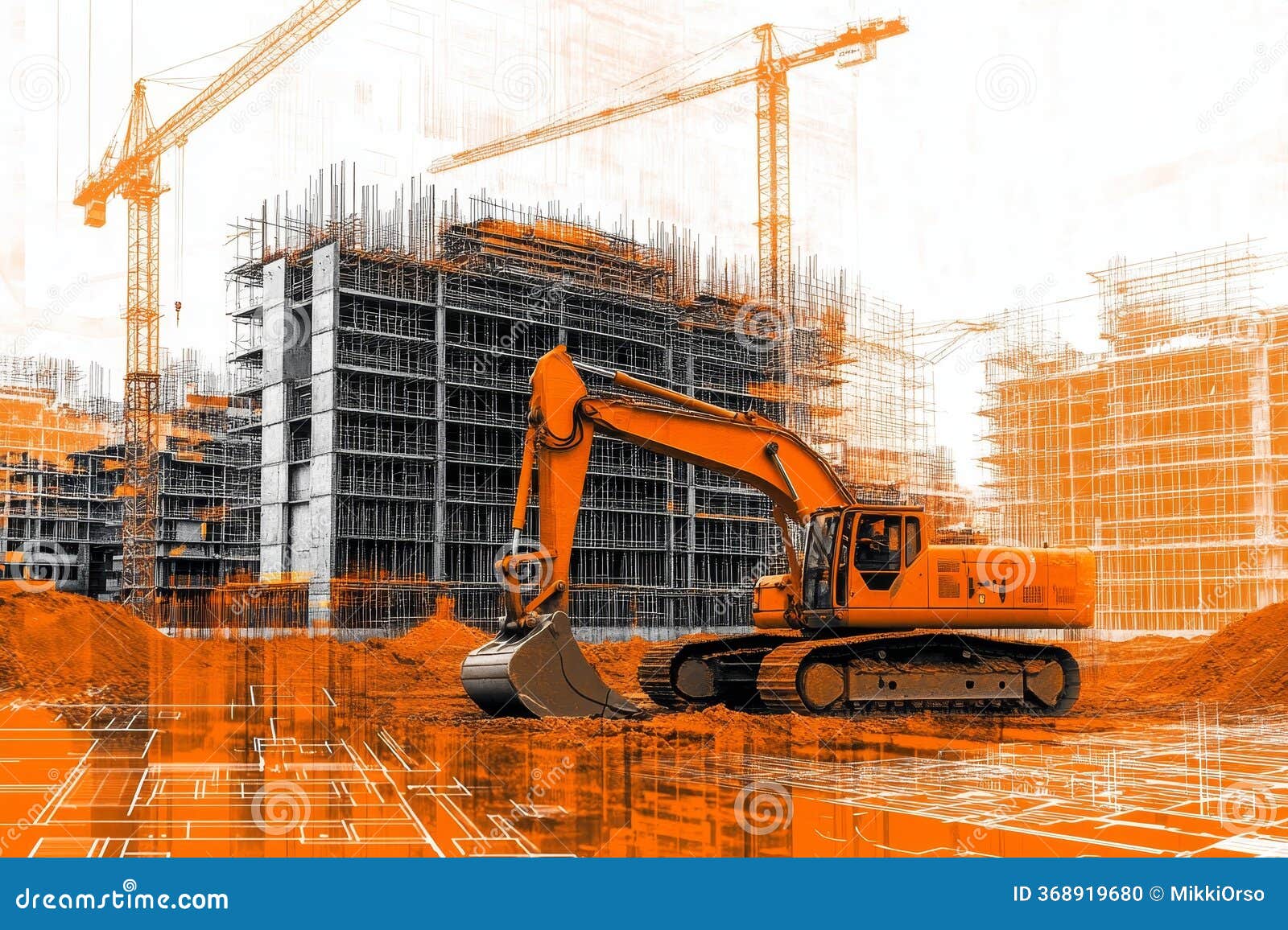 Collage Poster Of A Construction Site Featuring Excavator, Blueprints ...