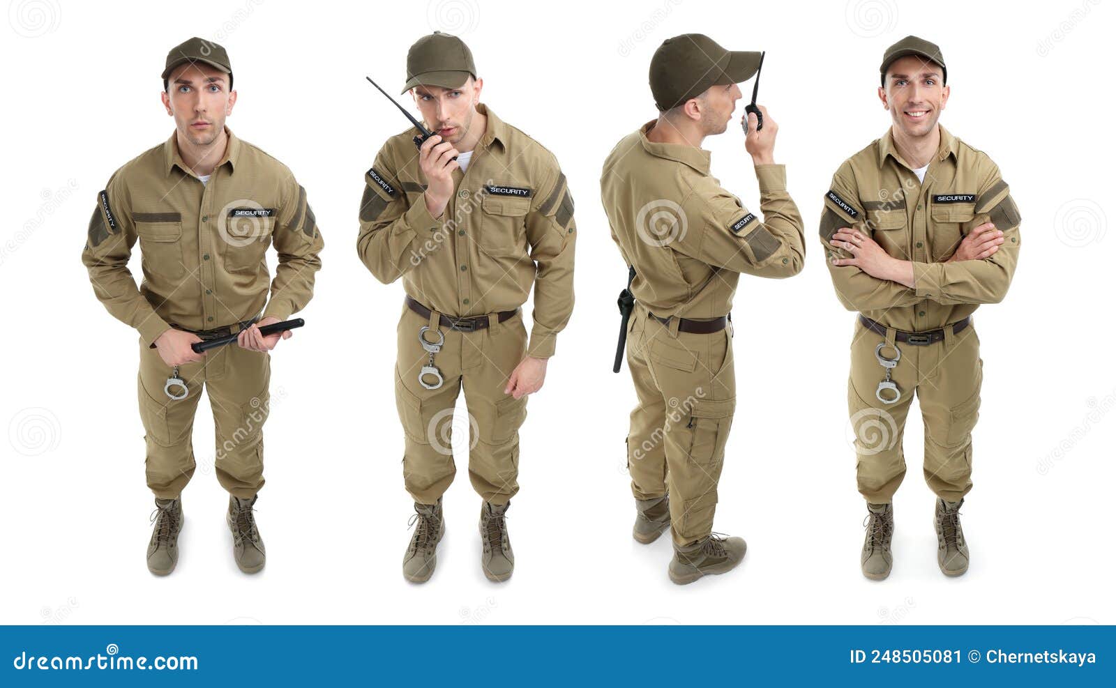 Collage of Professional Security Guard on White Background, Above View ...