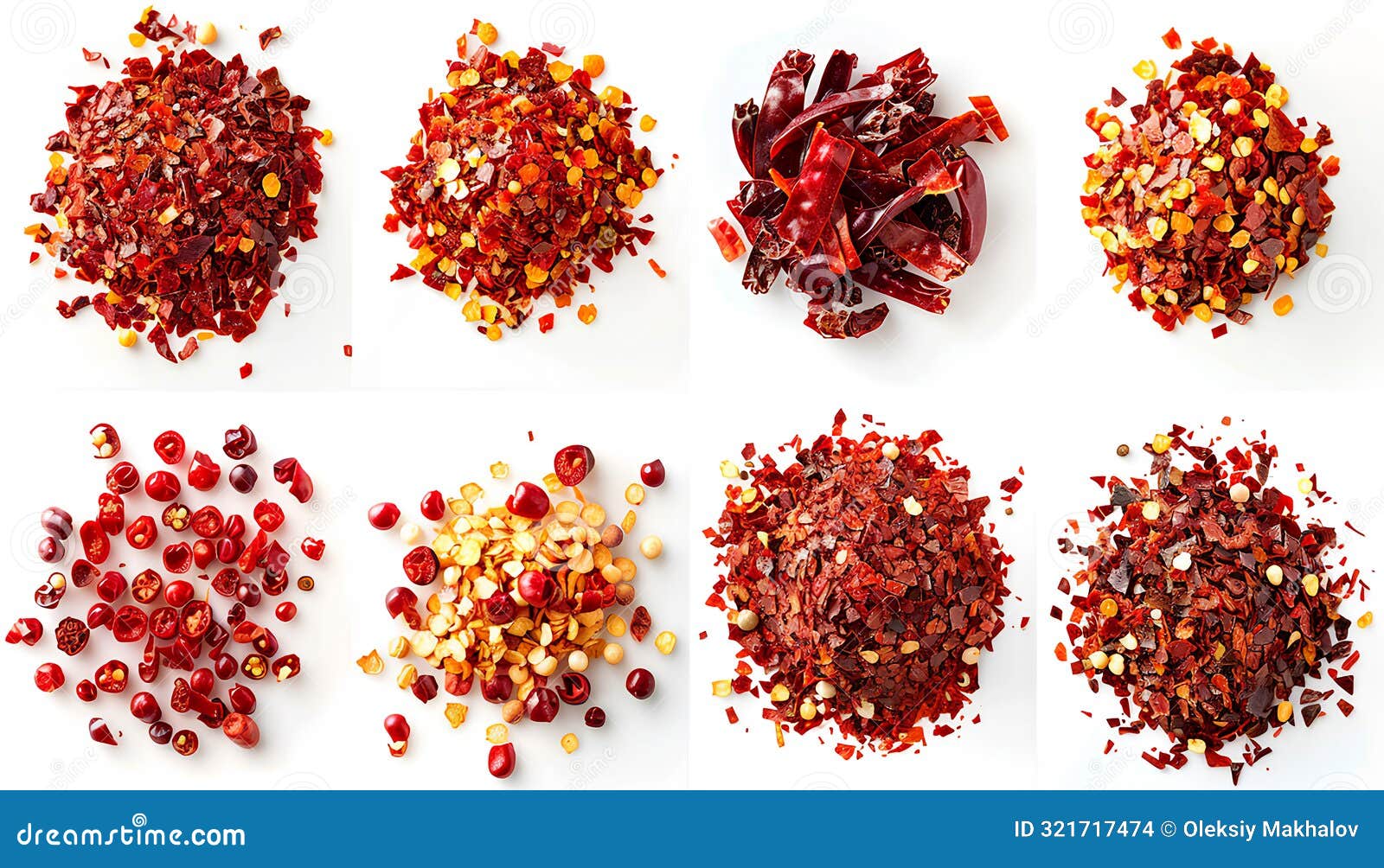 Collage of Red Chili Flakes on White Background, Top View Stock ...