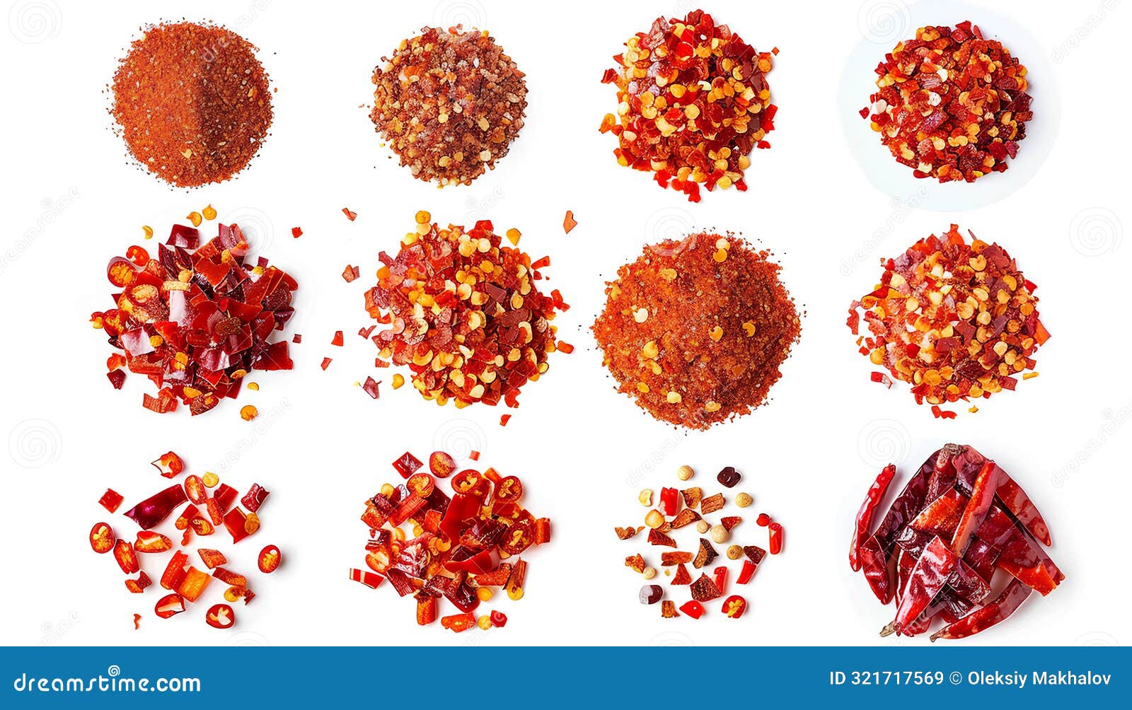 Collage of Red Chili Flakes on White Background, Top View Stock ...