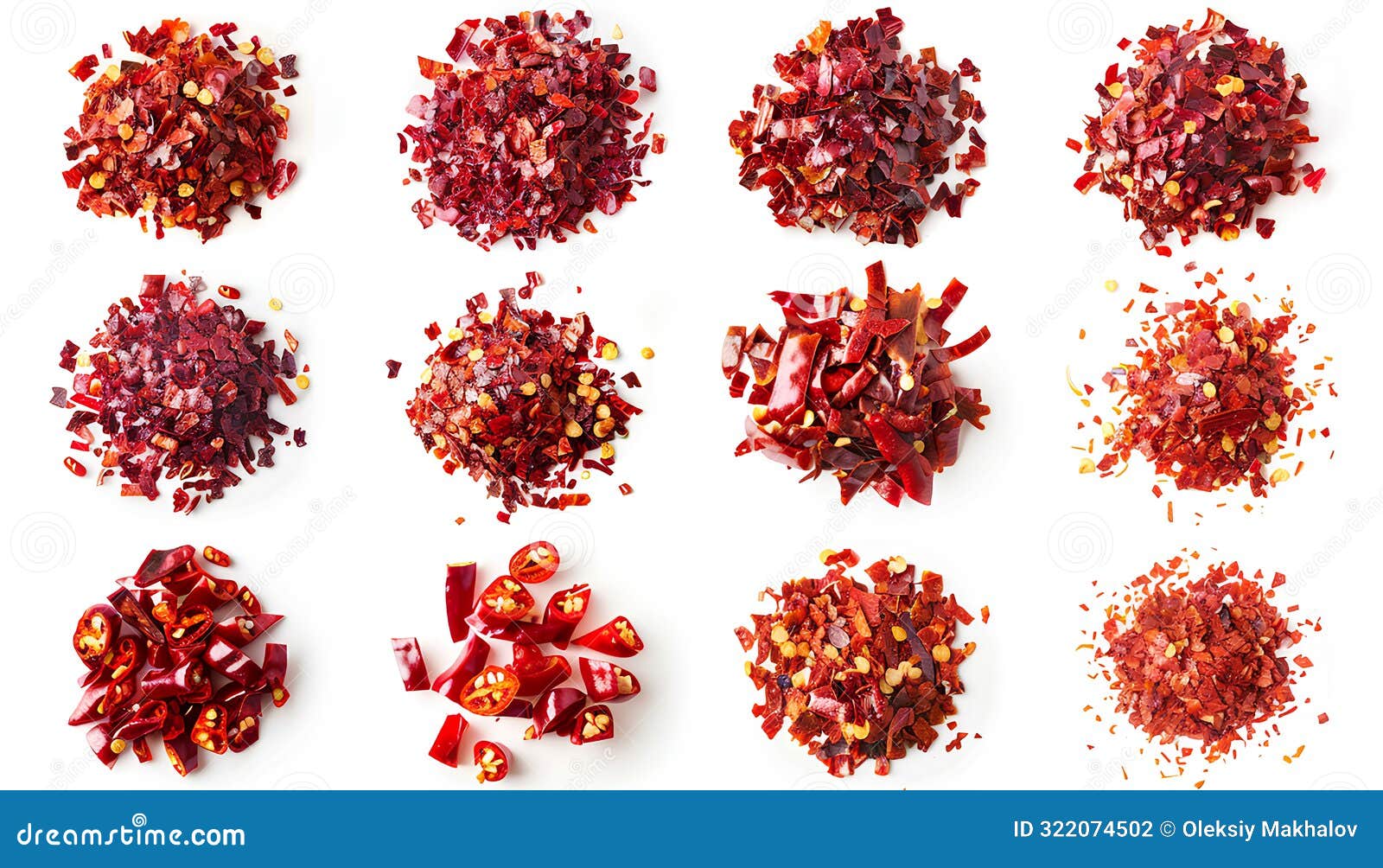 Collage of Red Chili Flakes on White Background, Top View Stock ...