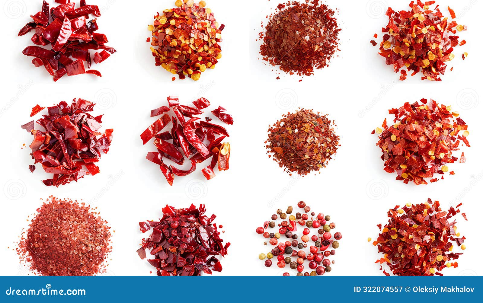 Collage of Red Chili Flakes on White Background, Top View Stock ...