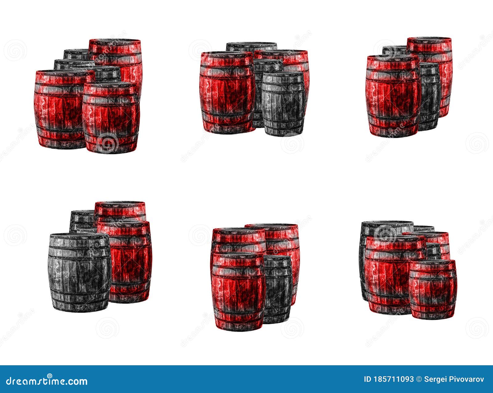 Collage of Red and Gray Oak Barrels Assorted on a White Background ...