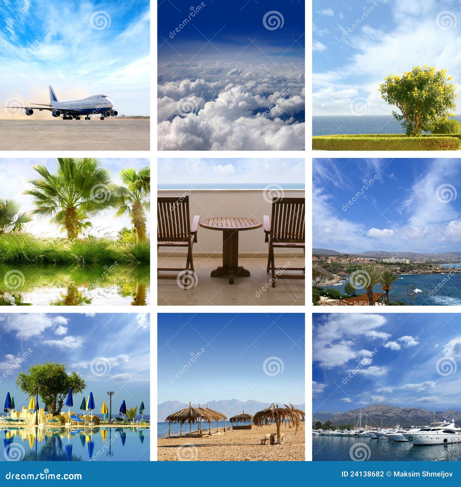 A Collage of Resort Images with Sky and Water Stock Photo - Image of ...