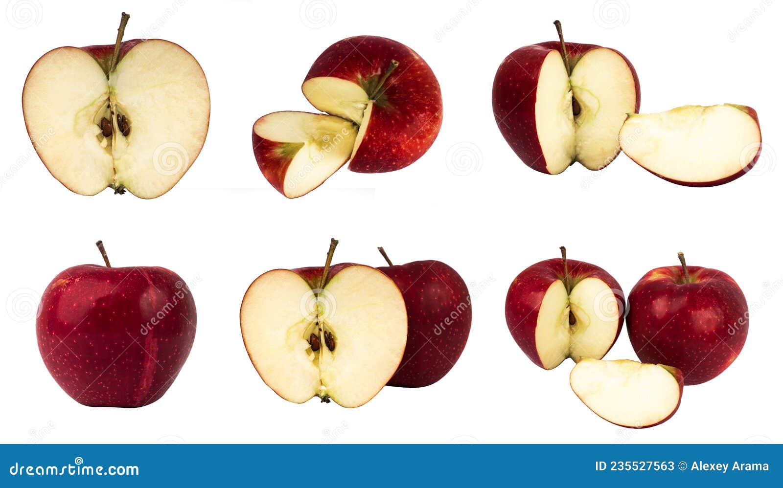 Collage of Ripe Red Apples, Whole and Cut Pieces, on a White Background ...