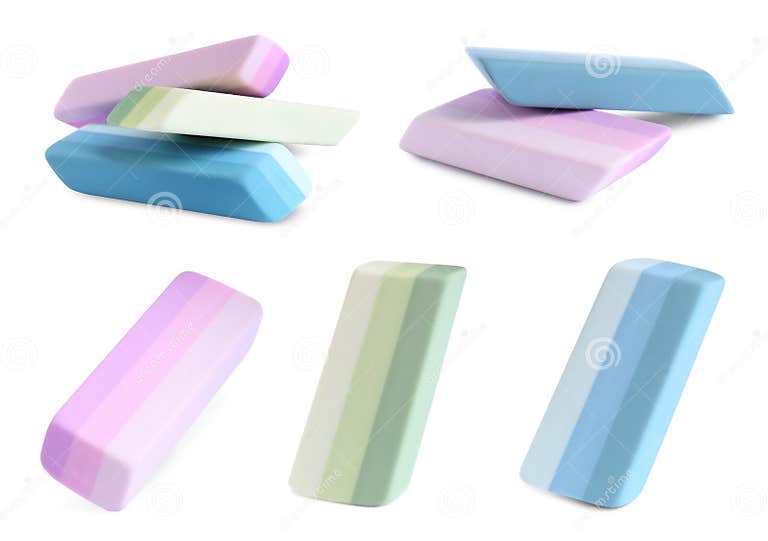 Collage of Rubber Erasers on White Background Stock Image - Image of ...