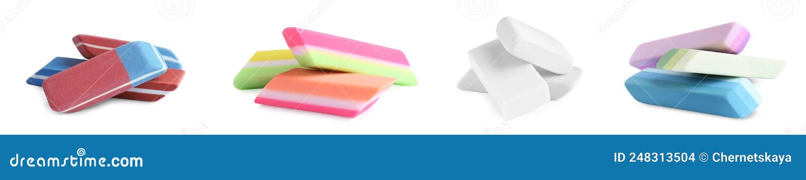 Collage of Rubber Erasers on White Background. Banner Design Stock ...