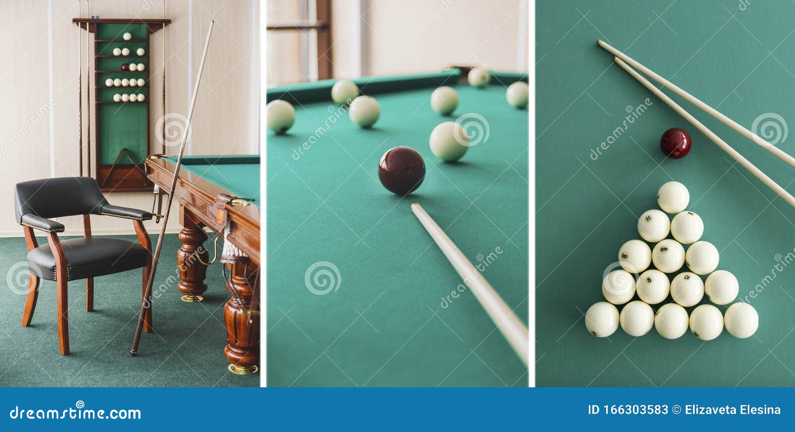 Collage with Russian Billiard Balls, Cue, Triangle, Chalk on a Table ... Collage with Russian Billiard Balls, Cue, Triangle, Chalk on a Table ...