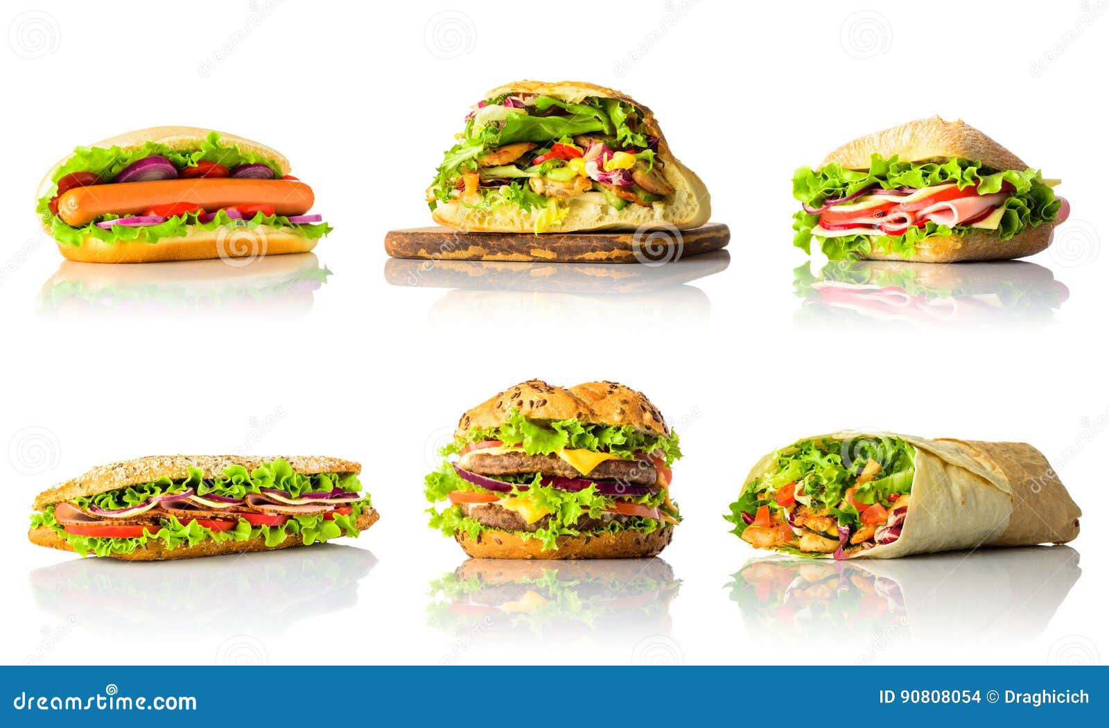 Collage with Sandwiches and Burger on White Background Stock Photo ...
