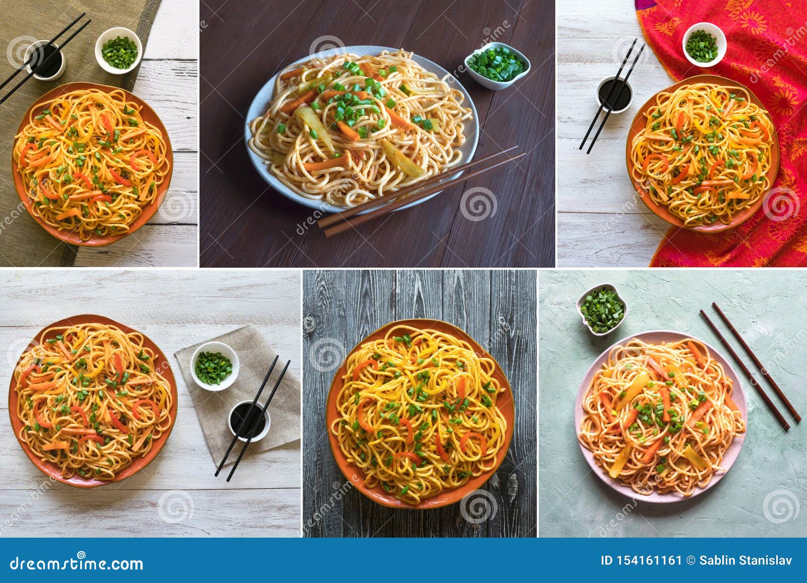 Collage with Schezwan Noodles with Vegetables in a Plate Stock Image ...