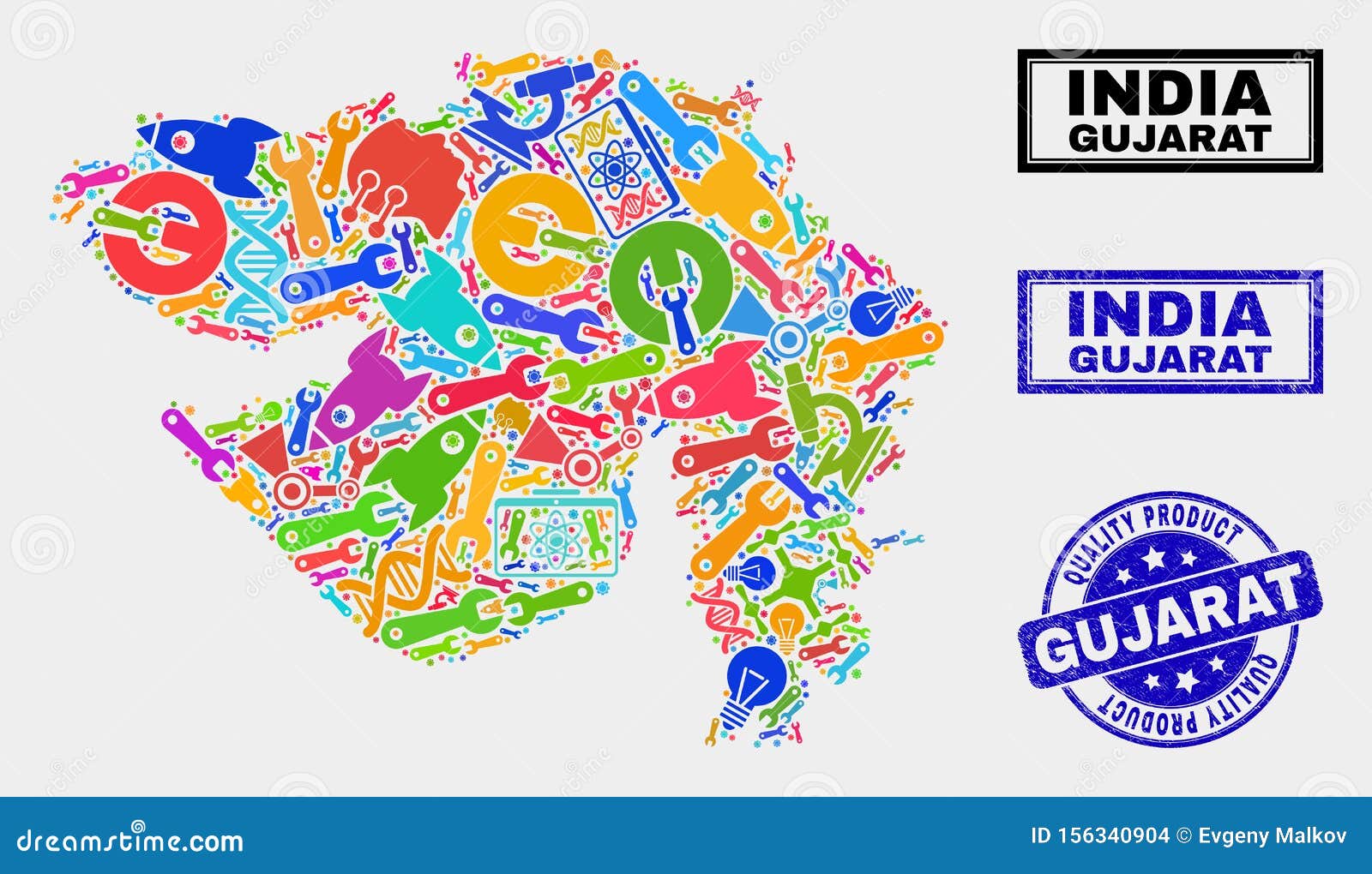 Collage of Service Gujarat State Map and Quality Product Stamp Seal ...