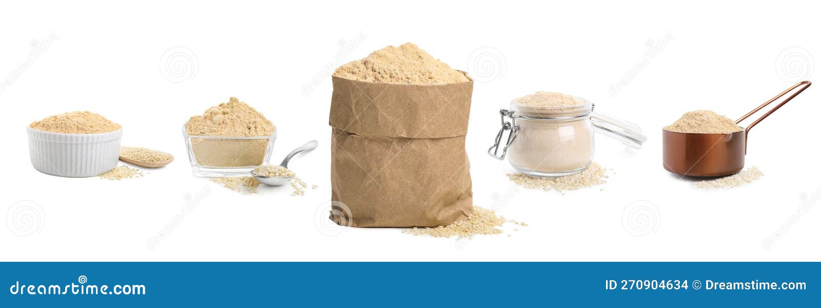 Collage with Sesame Flour and Seeds on White Background Stock Photo ...