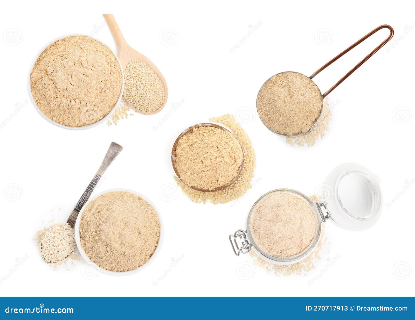 Collage with Sesame Flour and Seeds on White Background, Top View Stock ...