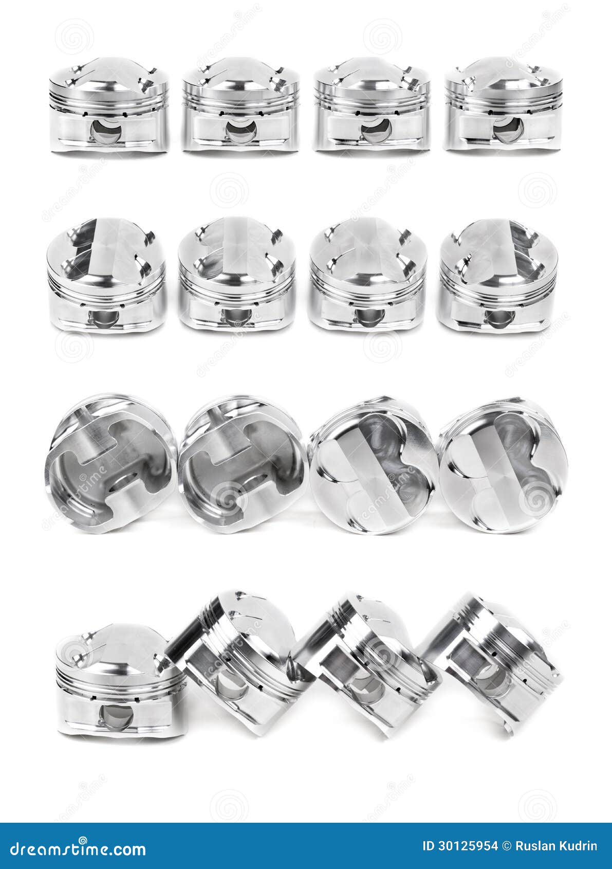 Collage of a Set of Four Polished Chrome Forged Pistons Stock Photo ...