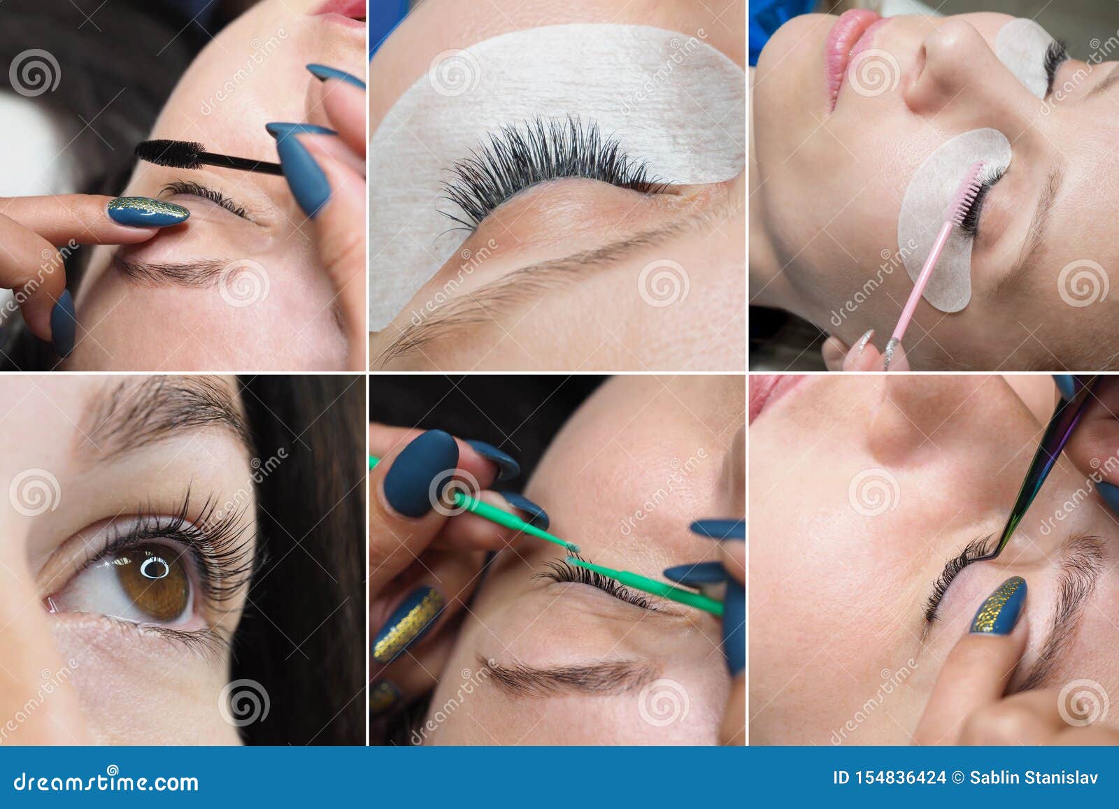 Collage Showing the Process of Eyelash Extensions in the Beauty Salon ...