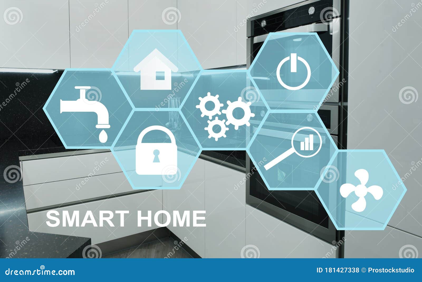 Collage with Smart Home Control Icons of Appliances and Devices on ...