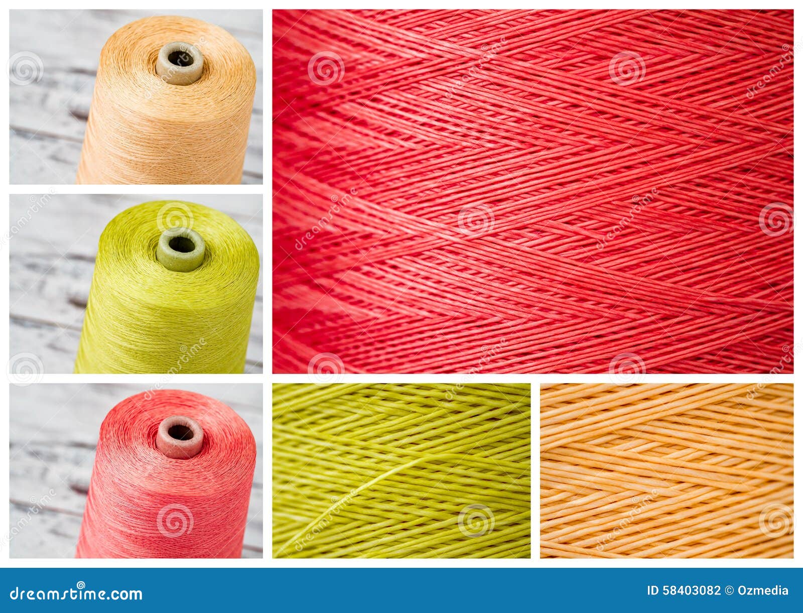 Collage from Spools and Close Ups of Synthetic Colorful Threads Stock ...