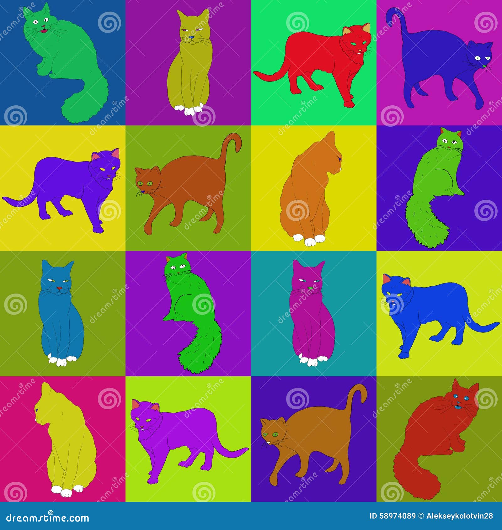 Collage Of Squares Colored Cats Illustration. Drawing For The De ...