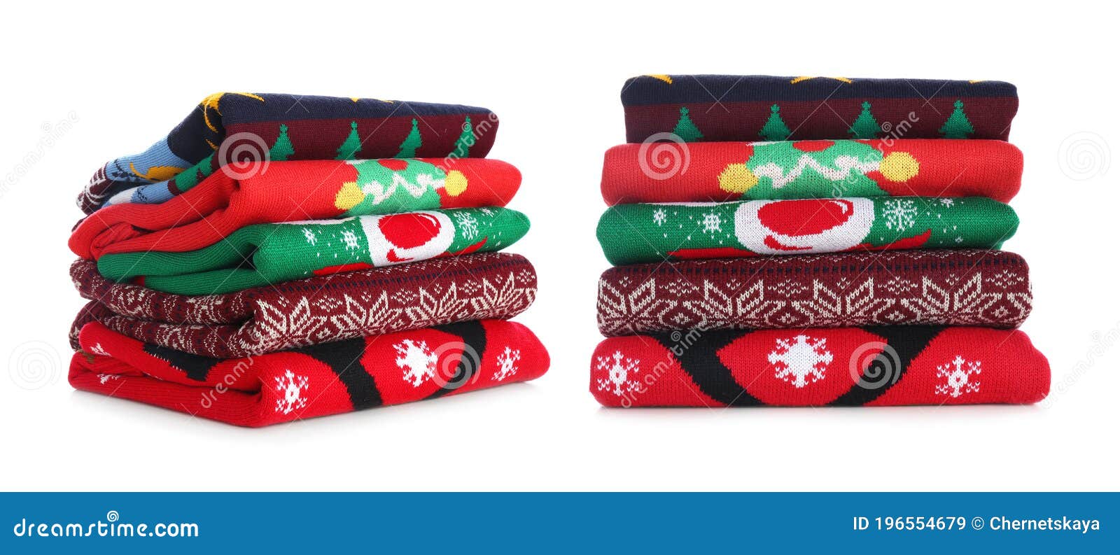 Collage with Stacked Folded Christmas Sweaters on White Background ...