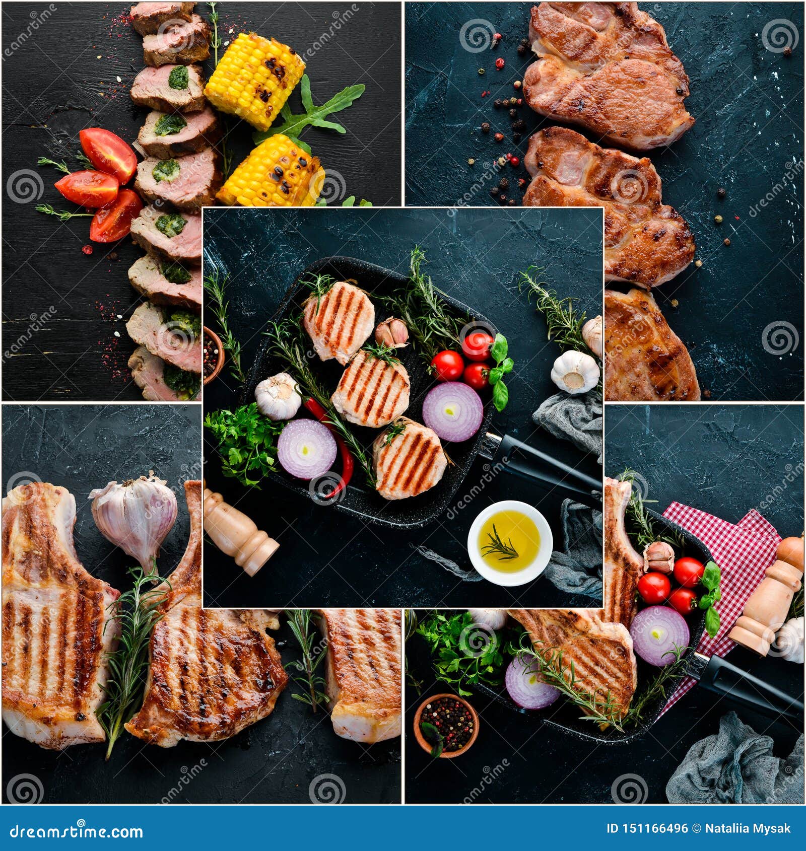 Collage. Steak and Meat on a Black Background Stock Photo - Image of ...