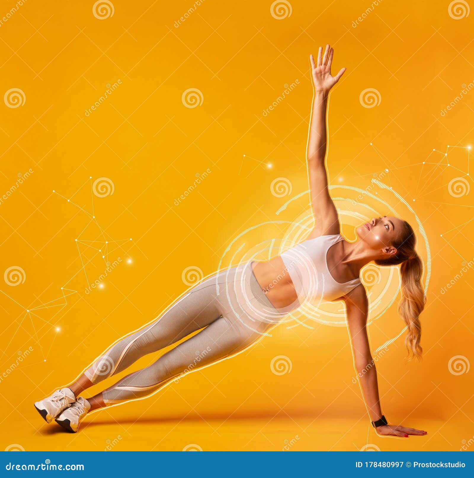 Collage With Attractive Sportswoman Doing Side Plank Exercise On Orange Background Empty Space