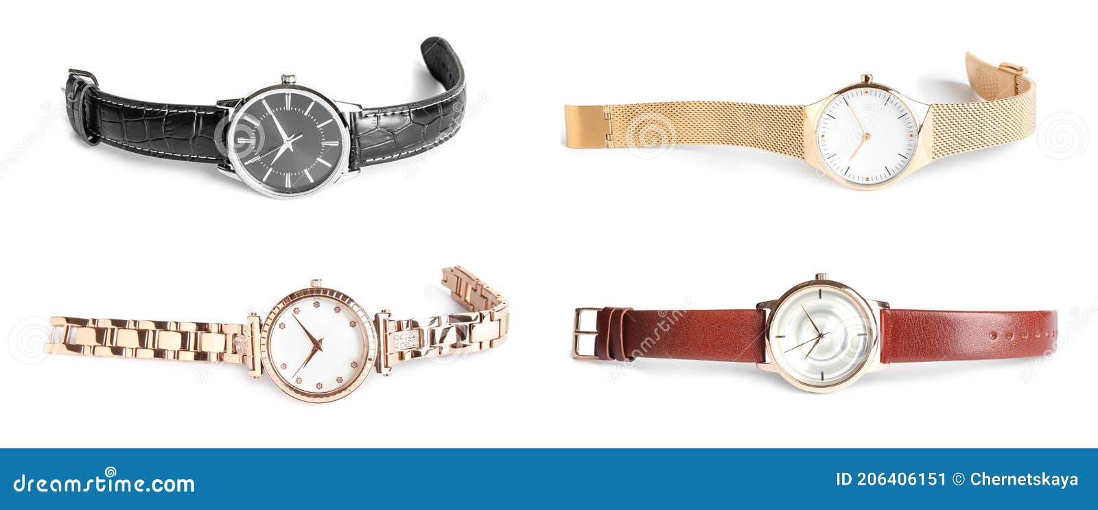 Collage of Stylish Watches on White Background. Banner Design Stock ...