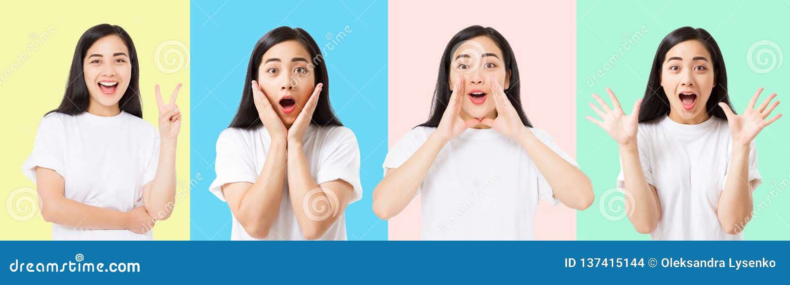 Collage Of Surprised Shocked Excited Asian Woman Face Isolated On ... Collage Of Surprised Shocked Excited Asian Woman Face Isolated On ...