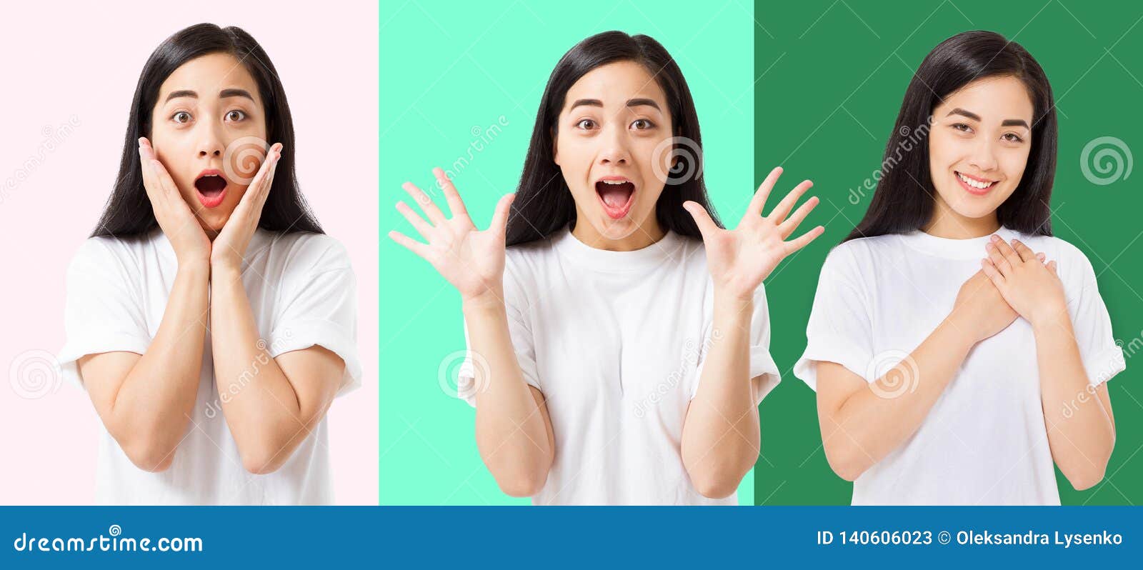 Collage Of Surprised Shocked Excited Asian Woman Face Isolated On ... Collage Of Surprised Shocked Excited Asian Woman Face Isolated On ...