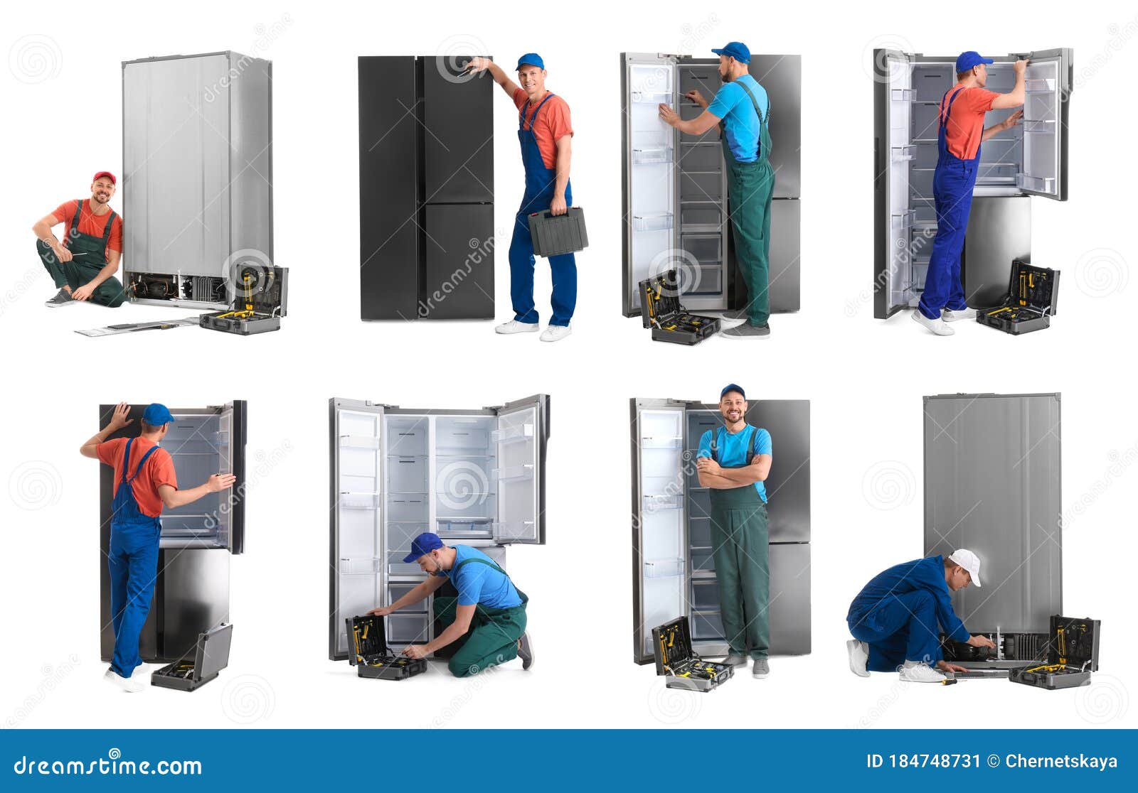 Collage of Technical Workers Near Refrigerators on Background Stock ...