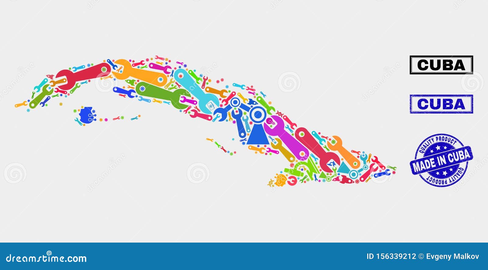 Collage of Technology Cuba Map and Quality Product Stamp Stock Vector ...