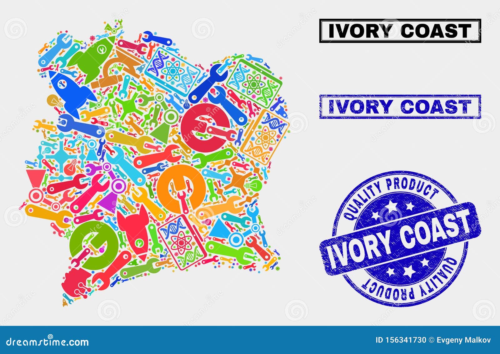 Collage of Technology Ivory Coast Map and Quality Product Stamp Seal ...